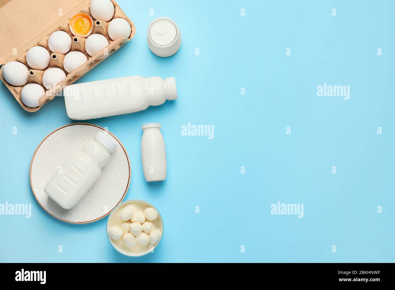 Different dairy products without lactose on color background Stock ...