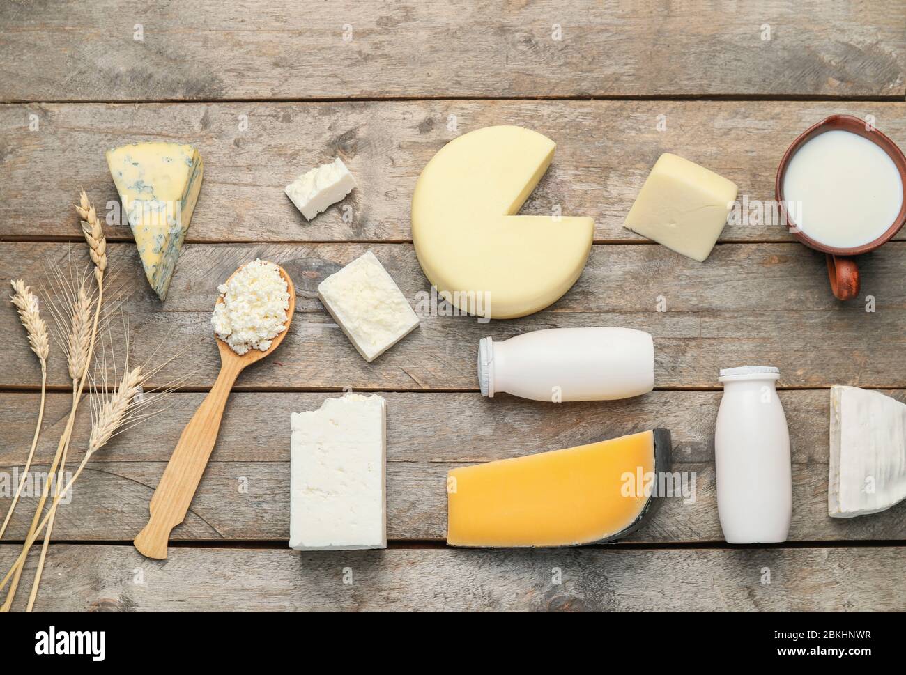 Different dairy products without lactose on wooden background Stock ...
