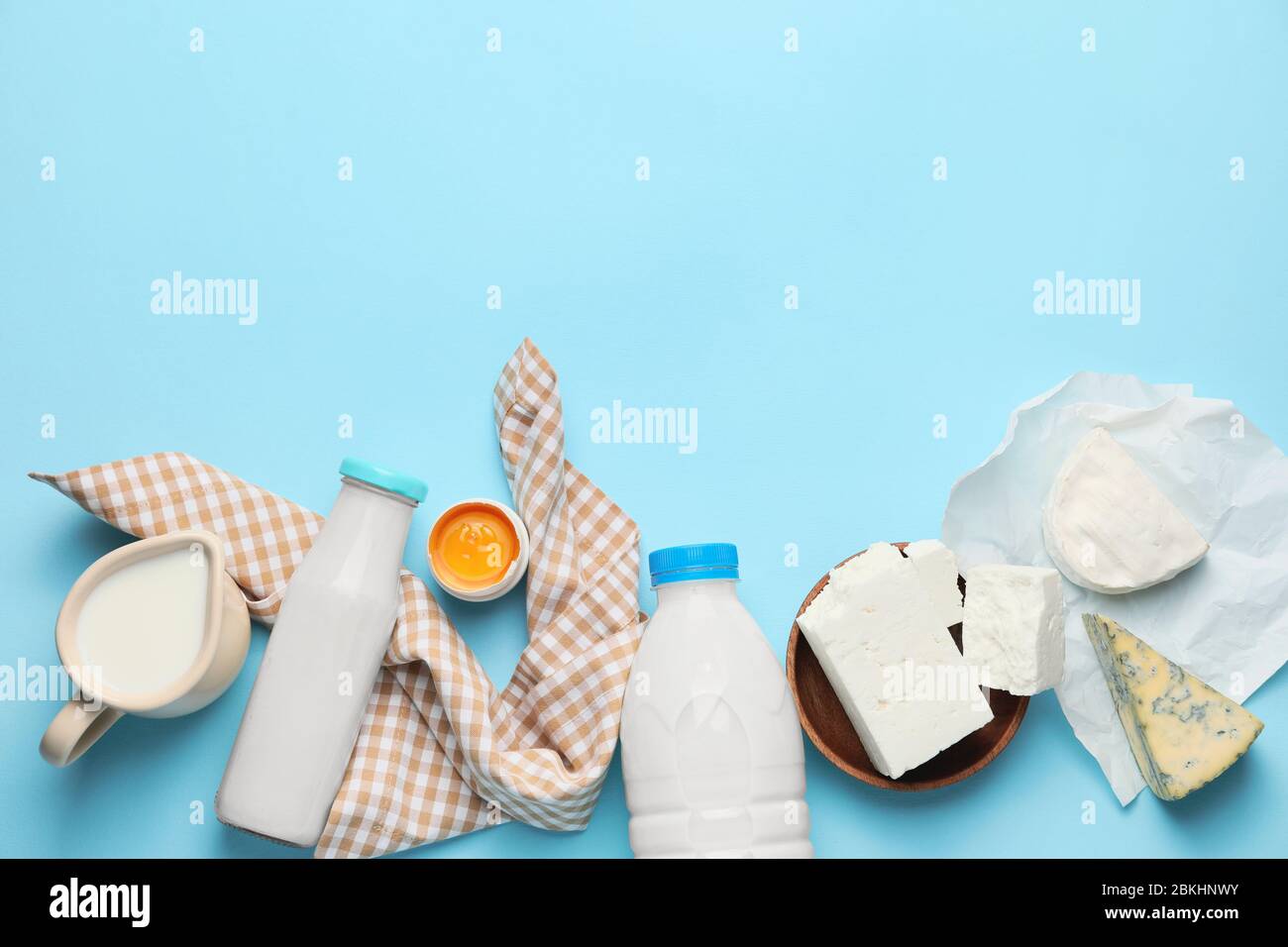 Different dairy products without lactose on color background Stock ...