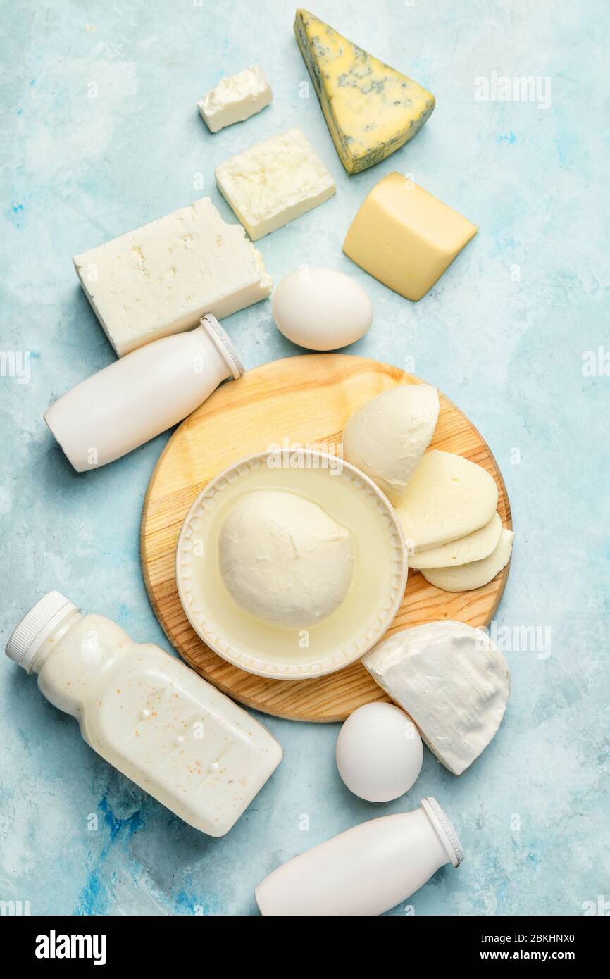 Different dairy products without lactose on color background Stock ...