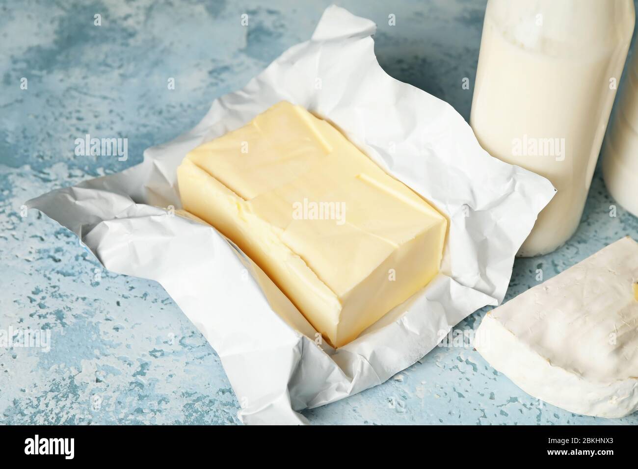 Different dairy products without lactose on color background Stock ...