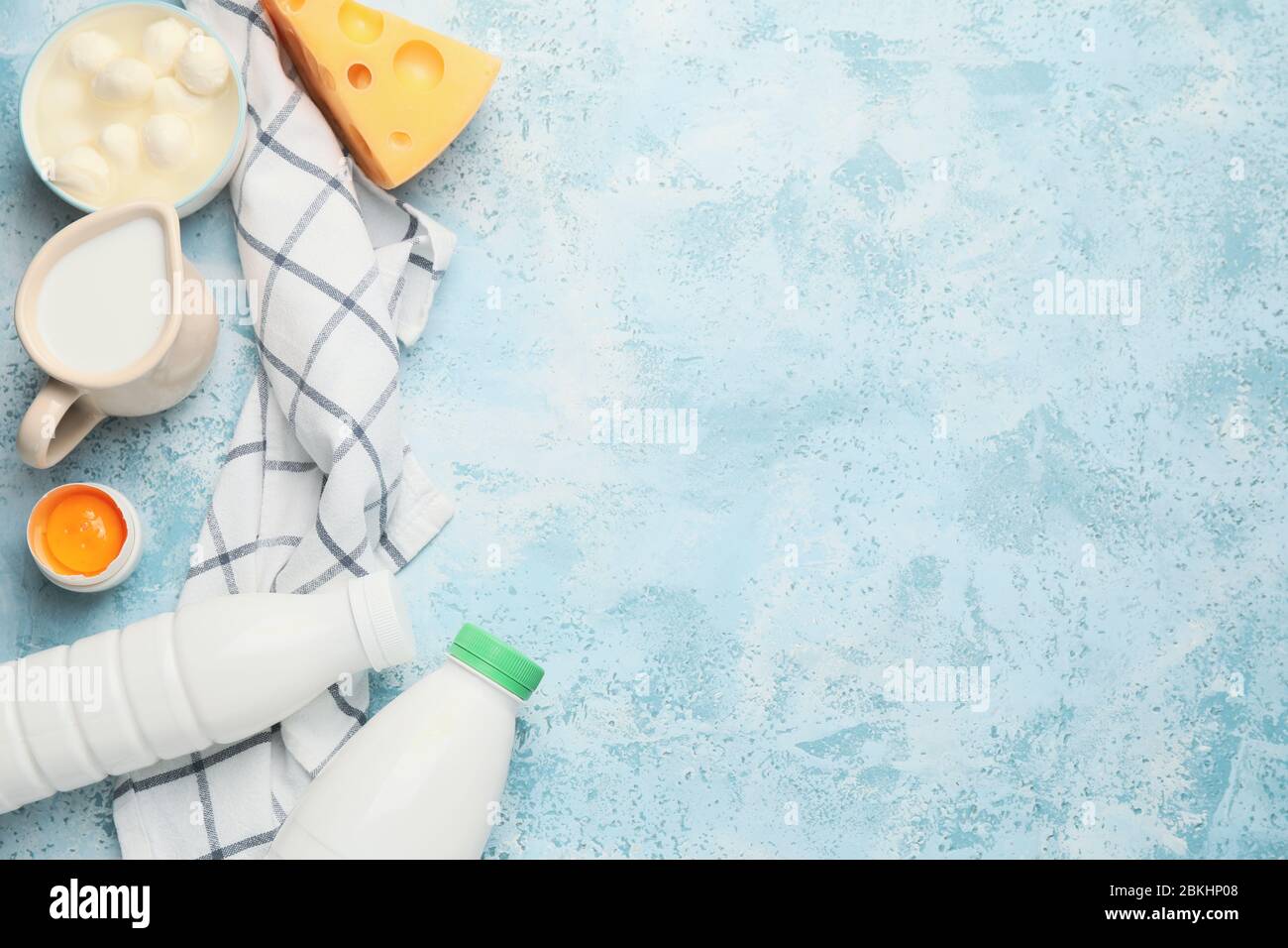 Different dairy products without lactose on color background Stock ...