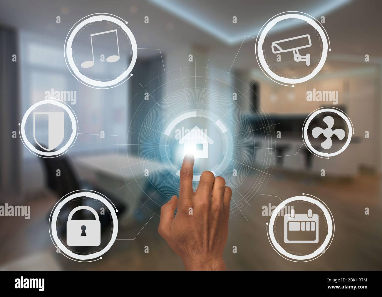 Collage with male hand choosing among pictograms of smart home ...