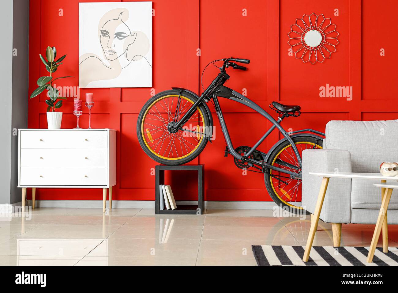 Interior of modern room with bicycle Stock Photo - Alamy