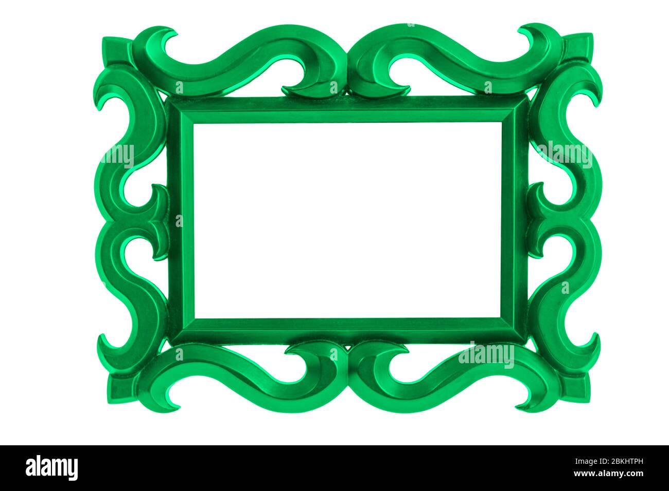 Modern plastic bright green picture frame with antique styling isolated ...