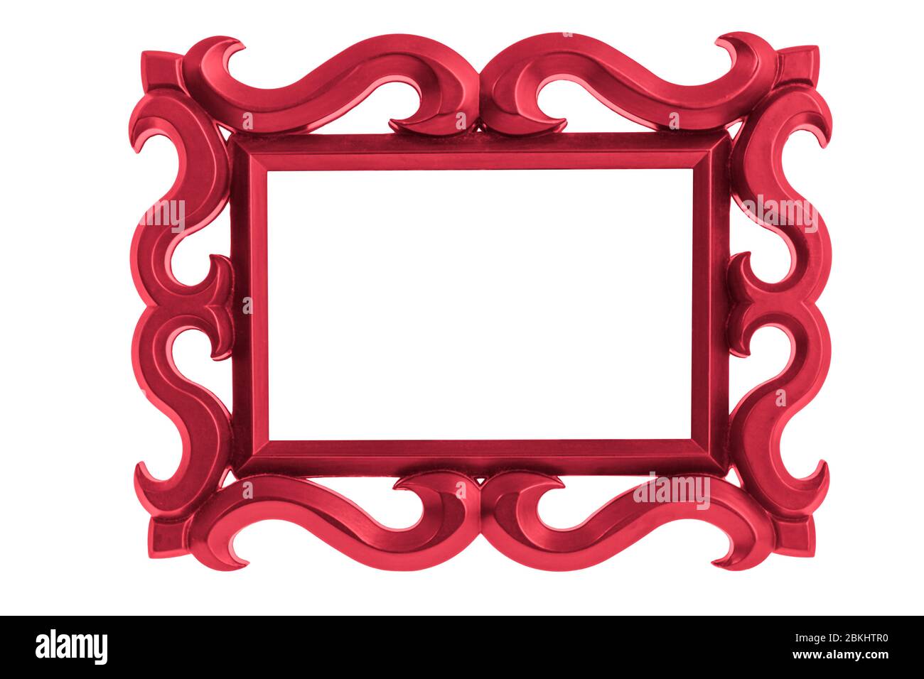 Modern plastic bright red picture frame with antique styling isolated ...