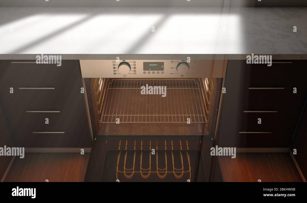 A look across a clean kitchen with cupboards and an open empty hot oven ...