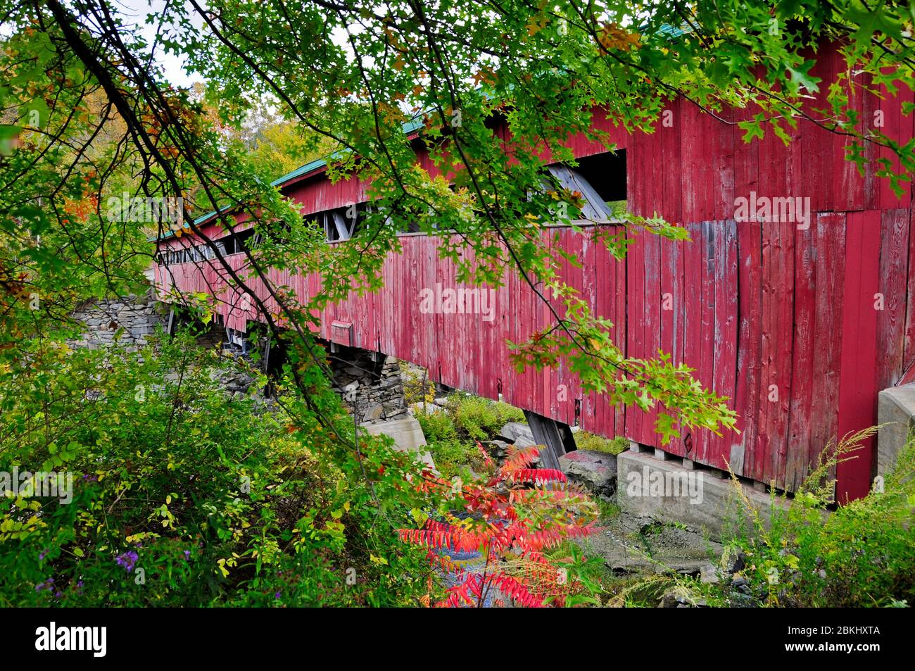 Red covered bridge seen thru fall leaves Stock Photo - Alamy