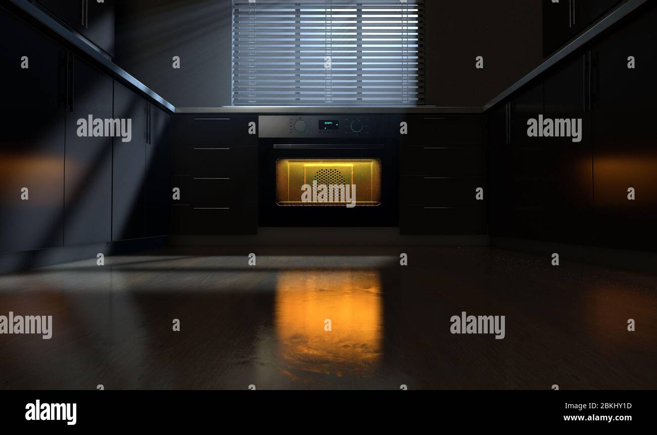 A look across a clean kitchen with cupboards and a closed empty hot ...