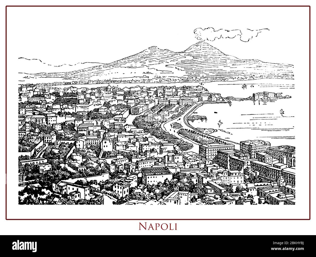 Vintage illustrated table with a panoramic view of the city of Naples ...