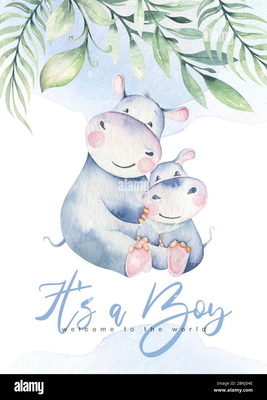 Hand drawn cute isolated tropical summer watercolor hippo animals ...