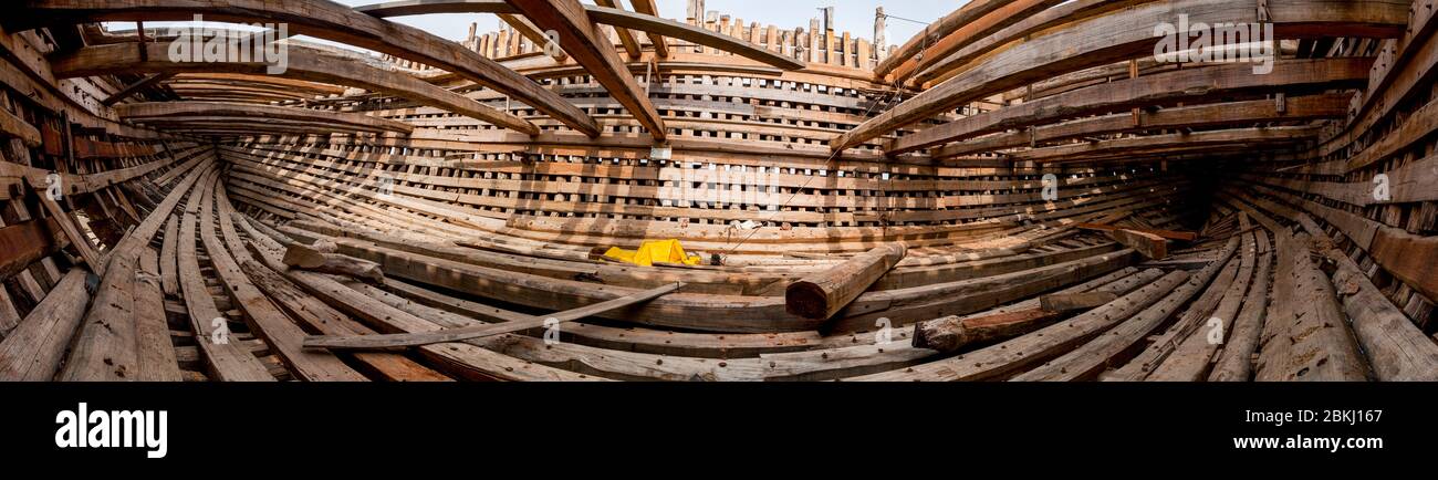 India, Gujarat State, Mandvi, shipyards, dhow under construction ...
