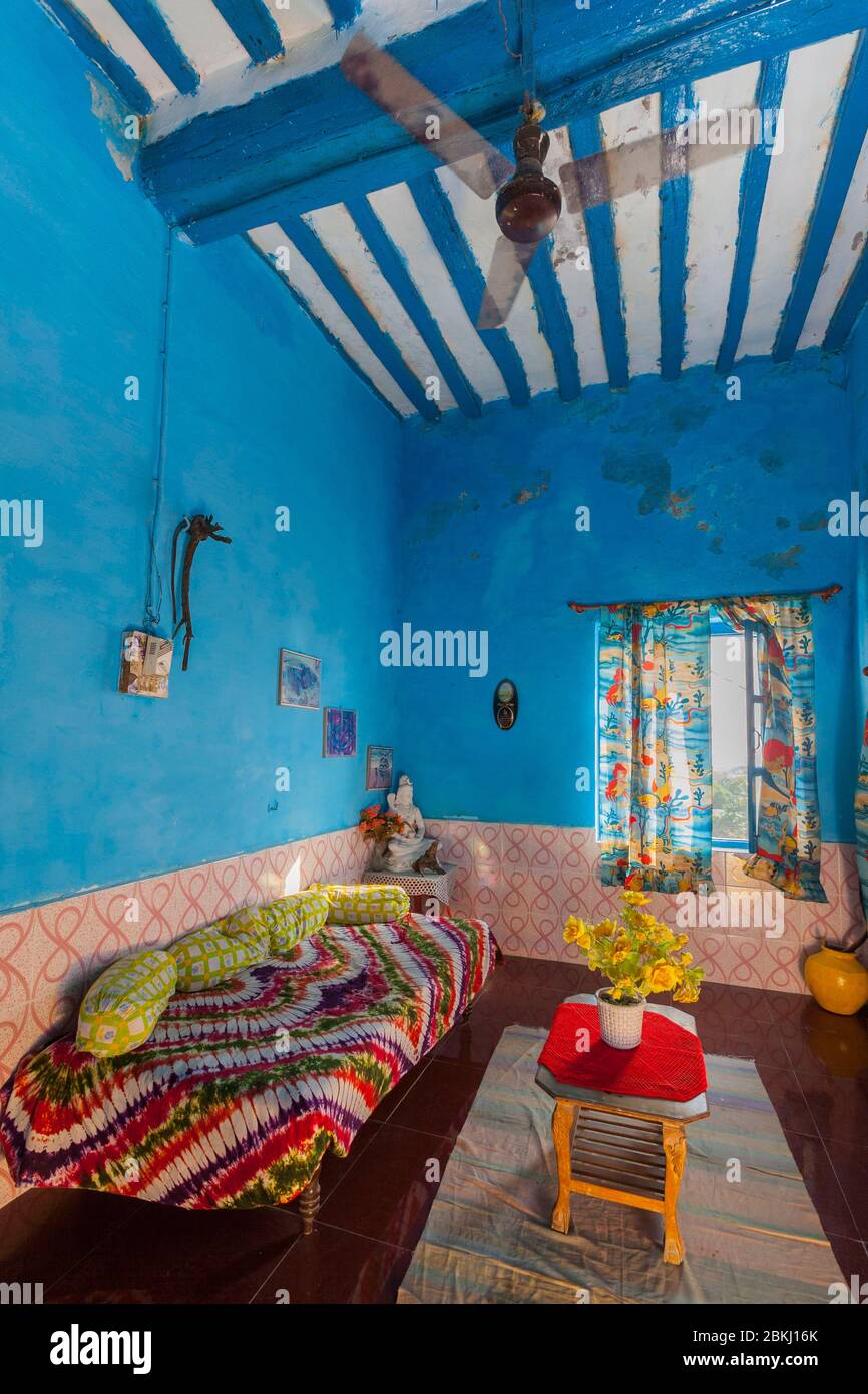 India, Daman and Diu Territory, District of Diu, blue guest room in ...