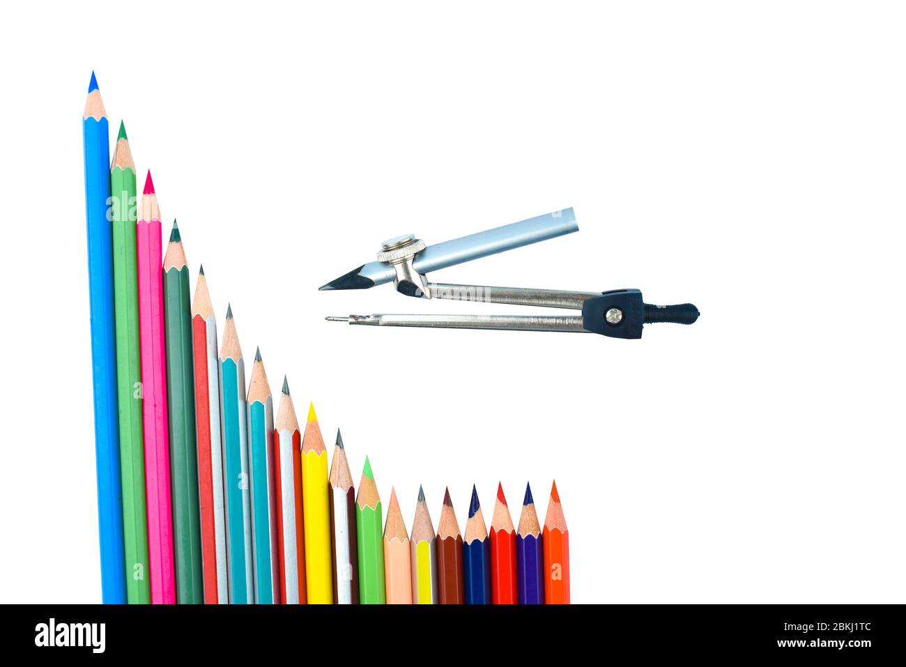 Row of different color wood pencil crayons pointing at a compass ...