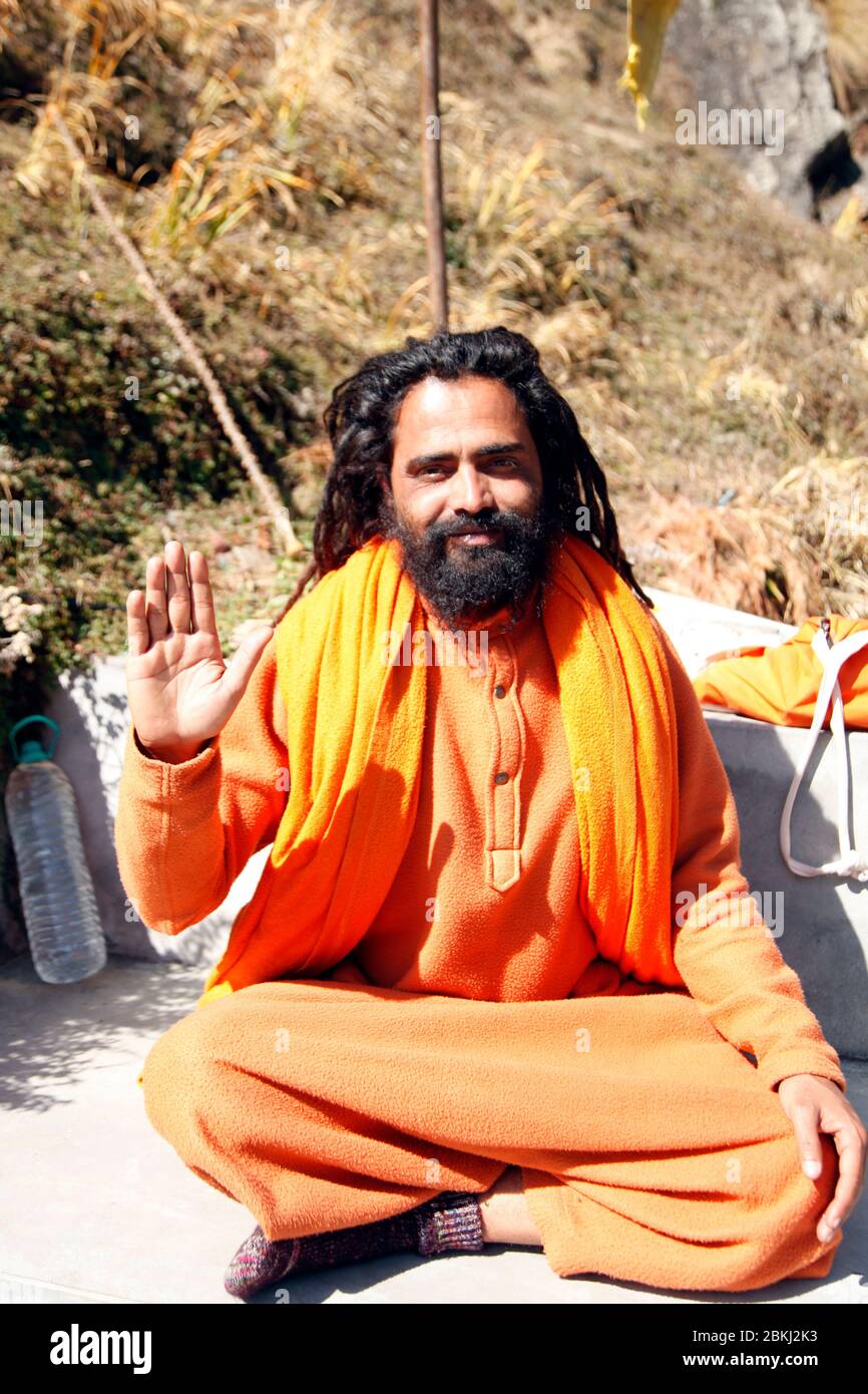 Indian Baba Swami Sadhu Holyman Saddhu in front of temple Haridwar ...