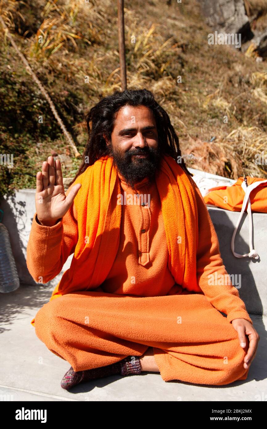 Indian Baba Swami Sadhu Holyman Saddhu in front of temple Haridwar, Varanasi, Rishikesh, India ...