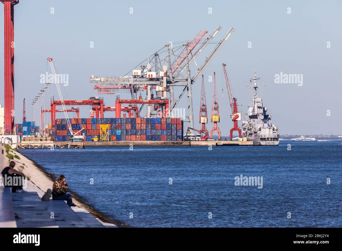 Portugal, Lisbon, the Tagus, unloading docks from the south bank of the ...