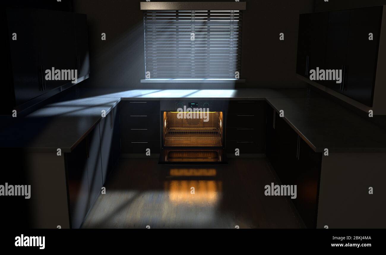 A look across a clean kitchen with cupboards and an open empty hot oven ...