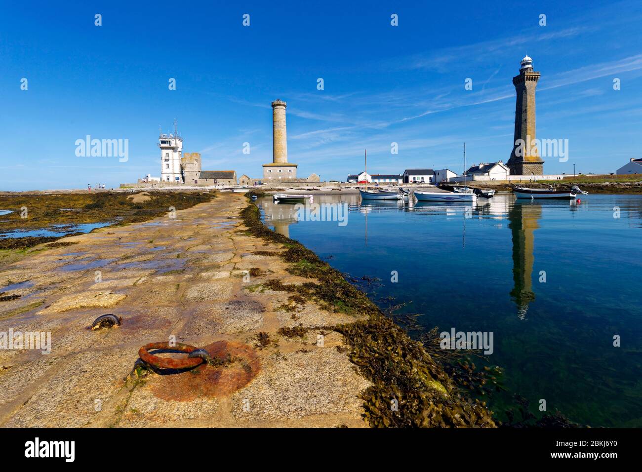 France, Finistere, Penmarch, St Pierre harbour, Eckmuhl lightouse ont the right, former ...