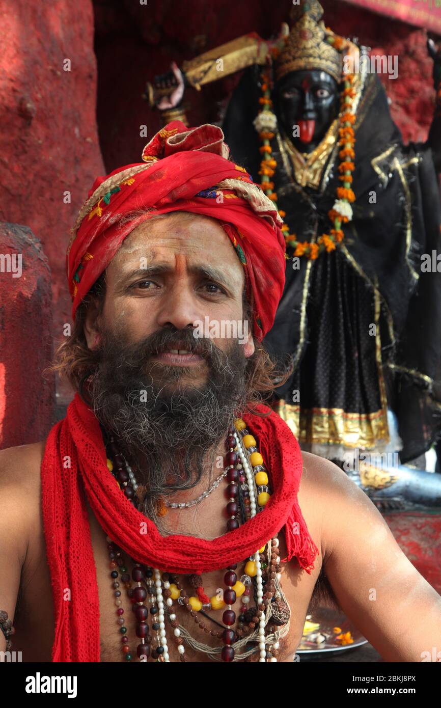 Indian Baba Swami Sadhu Holyman Saddhu in front of temple Haridwar, Varanasi, Rishikesh, India ...