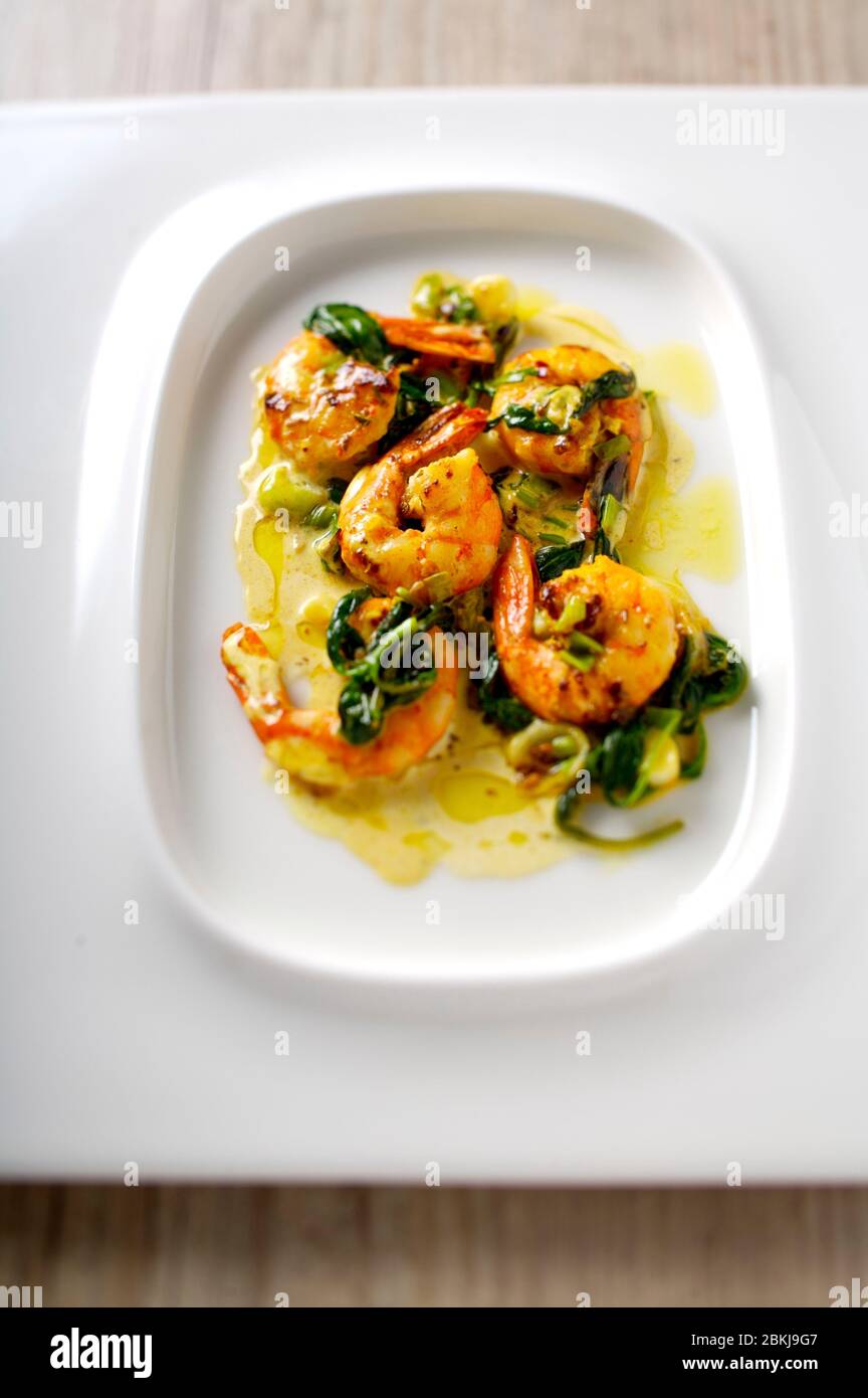 Shrimp fricassee with basil and curry Stock Photo - Alamy