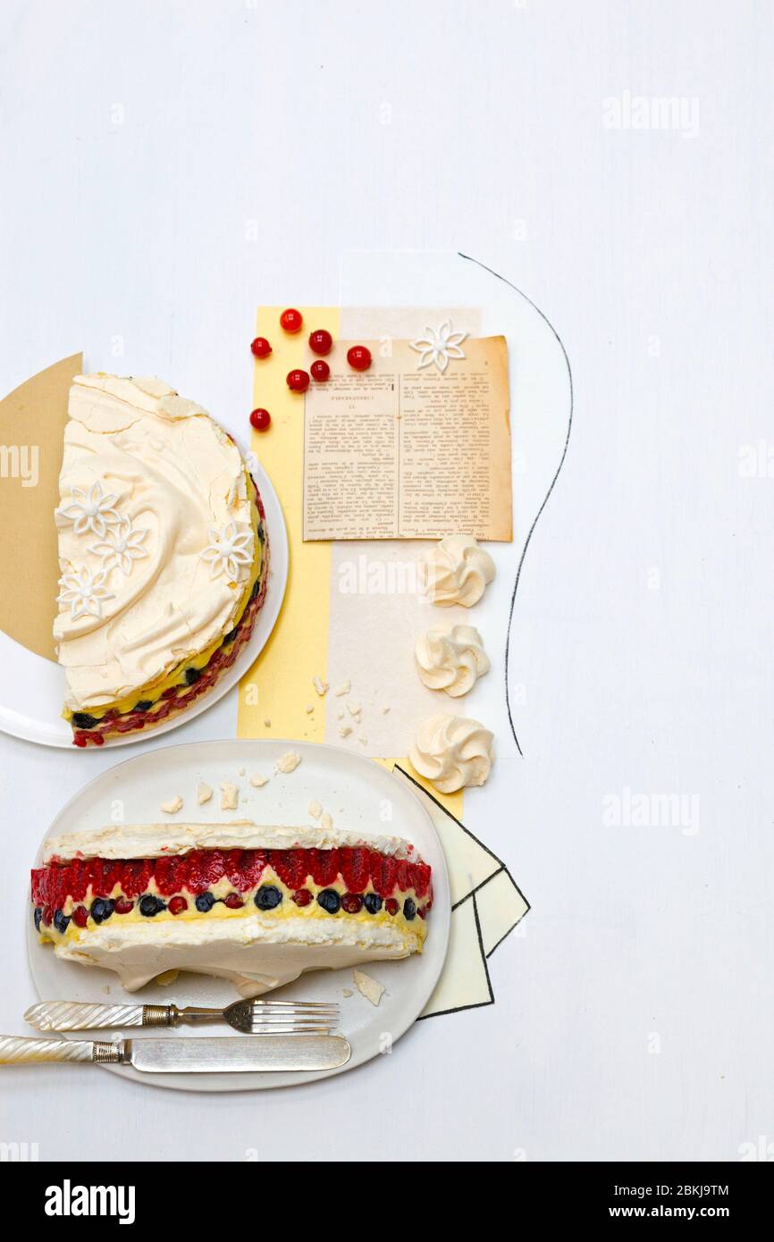 Raspberry cubism cake with meringue Stock Photo - Alamy
