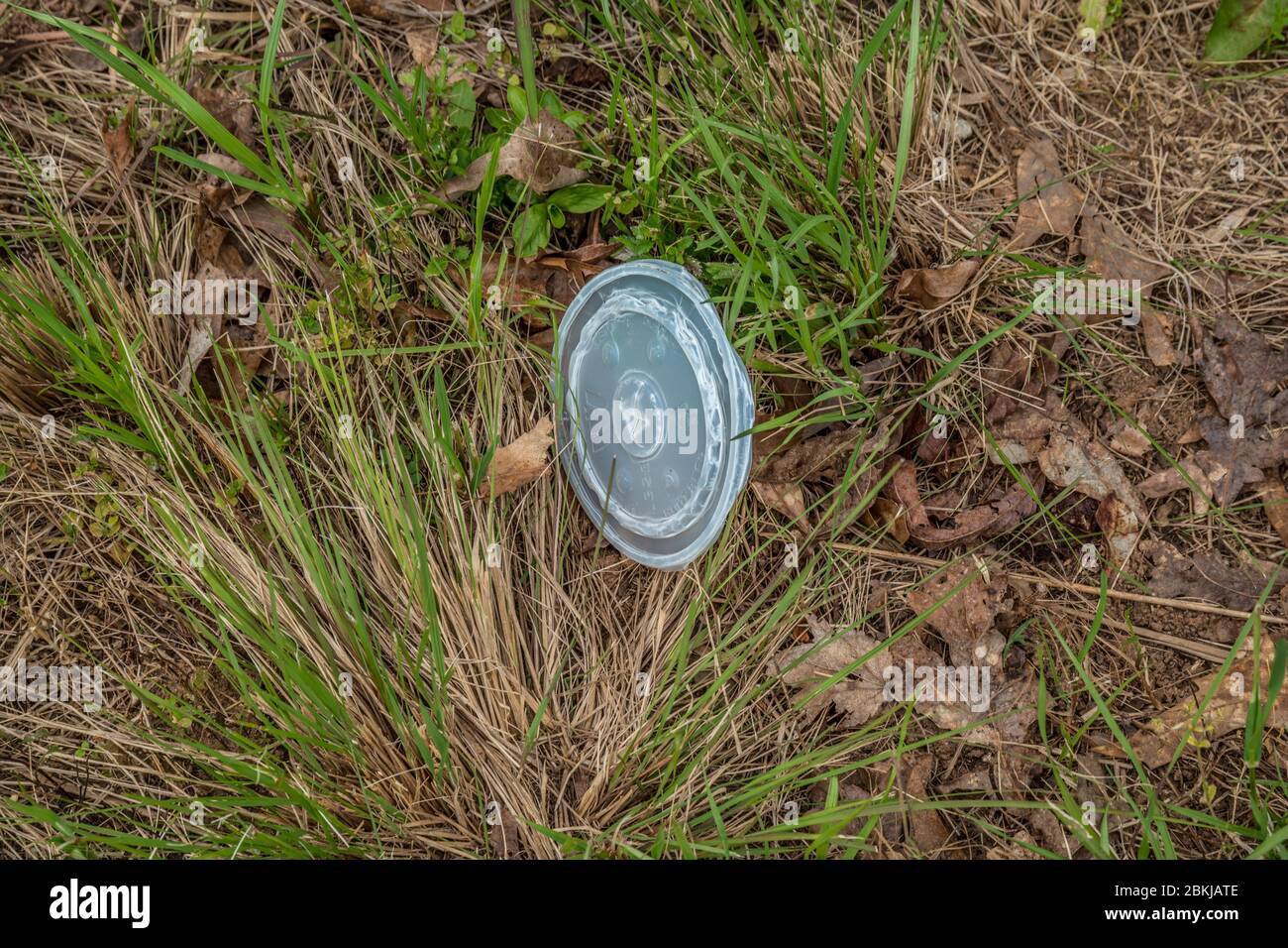 A plastic to go cup lid laying on the ground in the grass alongside the ...
