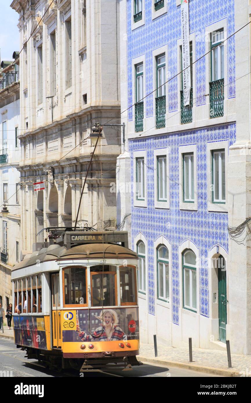 Portugal, Lisbon, Bairro Alto, Calcada do Combro, facade with azulejos ...
