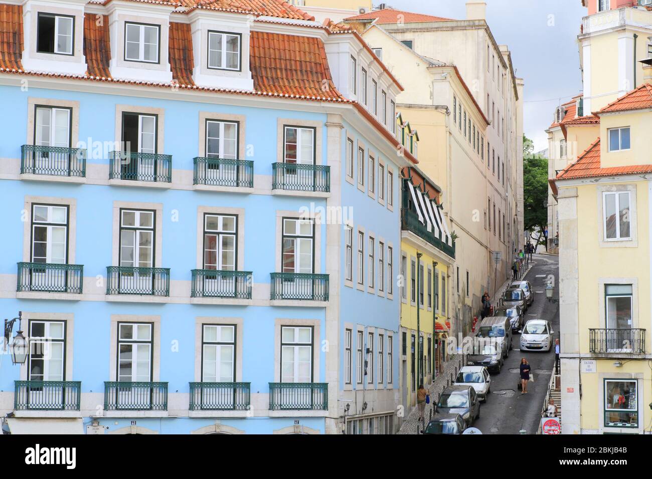 Portugal, Lisbon, Chiado district, one of the many steep streets in the ...