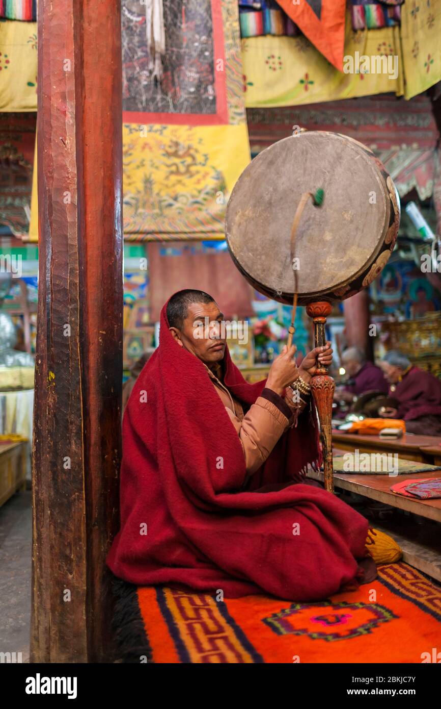 India, Jammu and Kashmir, Ladakh, Hemis Gompa, seated monk pacing the ...