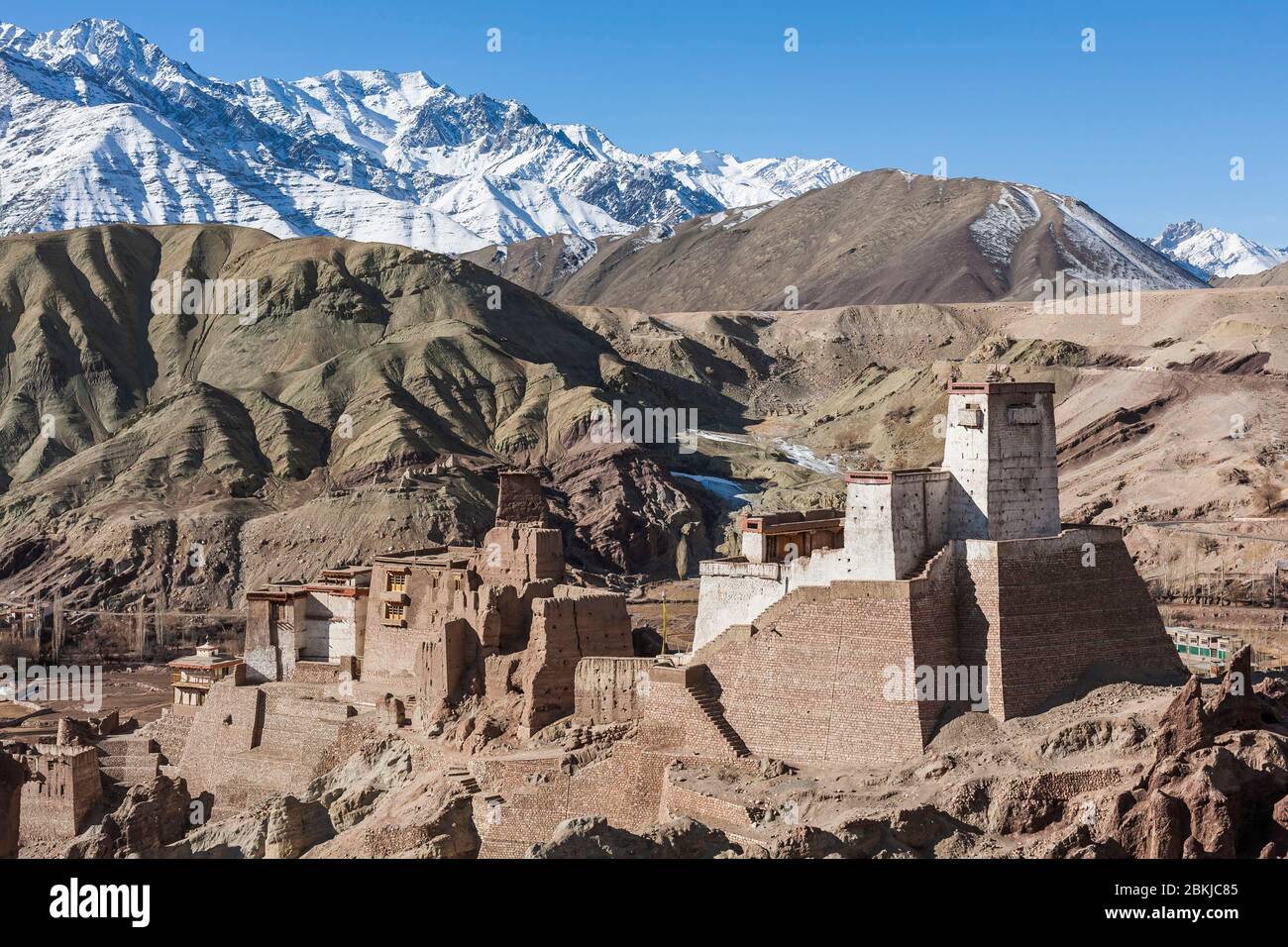 India, Jammu and Kashmir, Ladakh, Basgo Gompa, elevated view of the ...