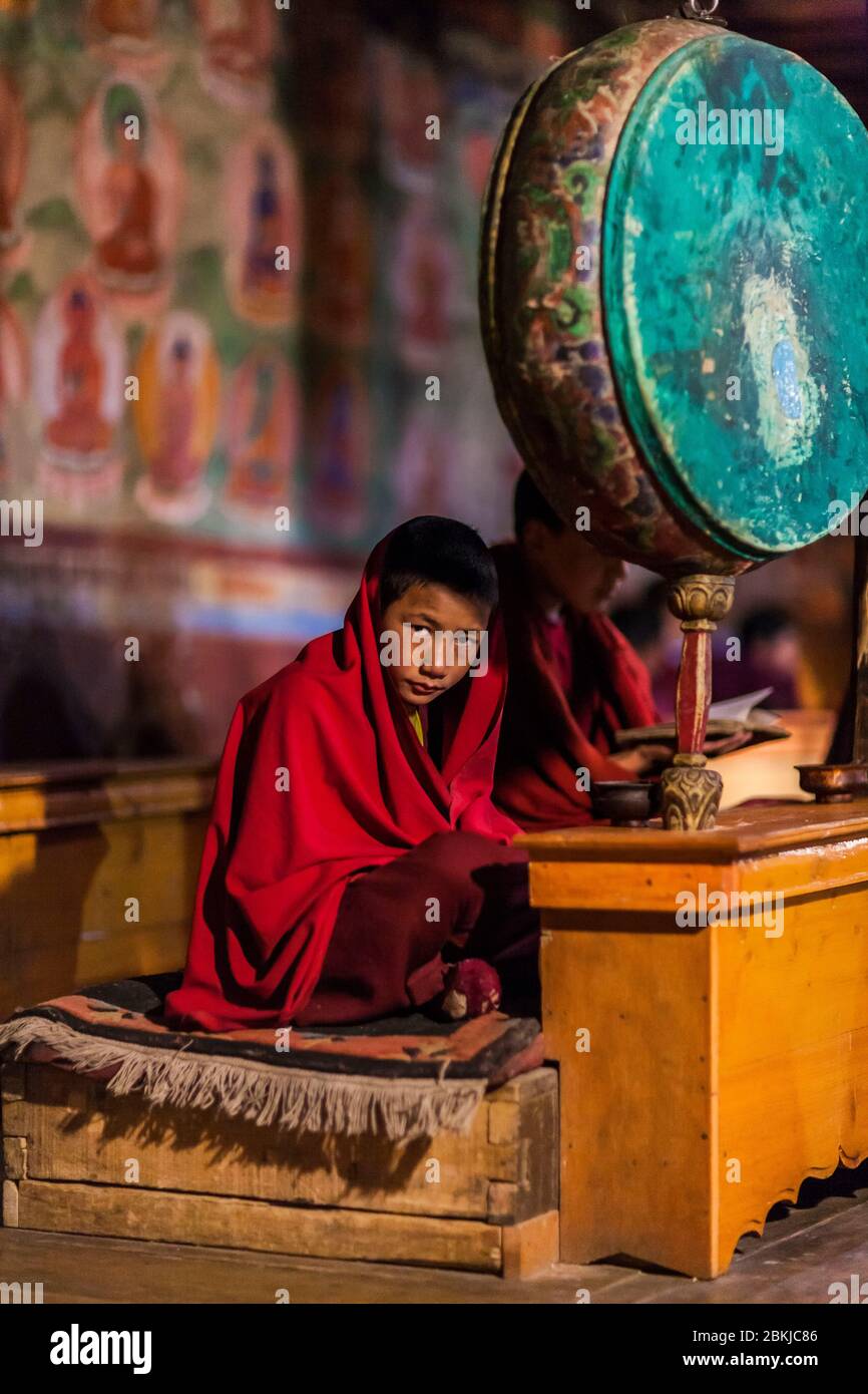 India, Jammu and Kashmir, Ladakh, Thiksey Gompa, young novice monk ...