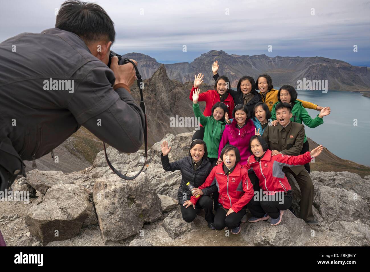 North Korea, Mount Paektu and its crater Lake Chon, military students ...