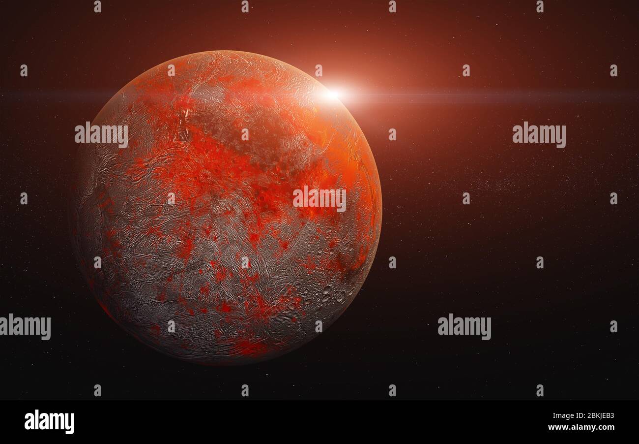 Red Rock and lava fiction planet in outer space with lens flare of ...