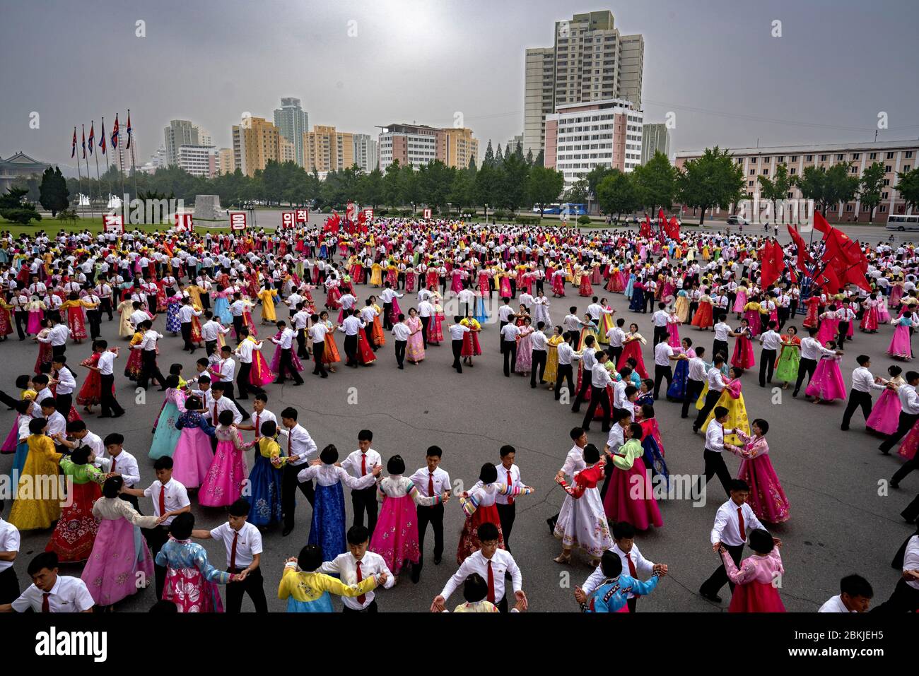 North Korea, Pyongyang, students dancing for the national day ...