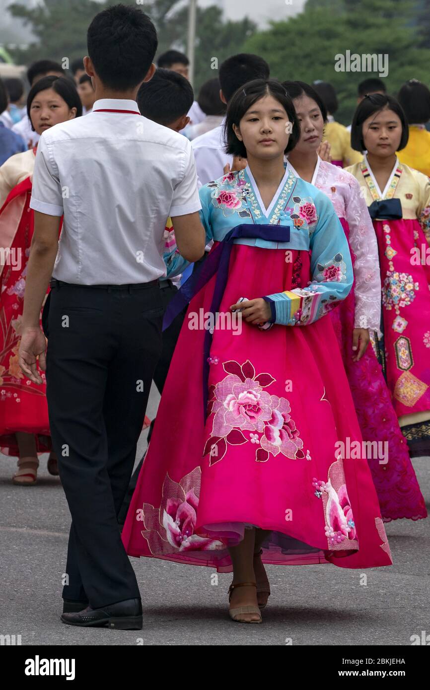 North Korea, Pyongyang, students dancing for the national day ...