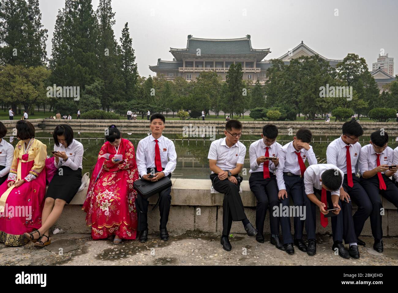 North Korea, Pyongyang, students dancing for the national day ...