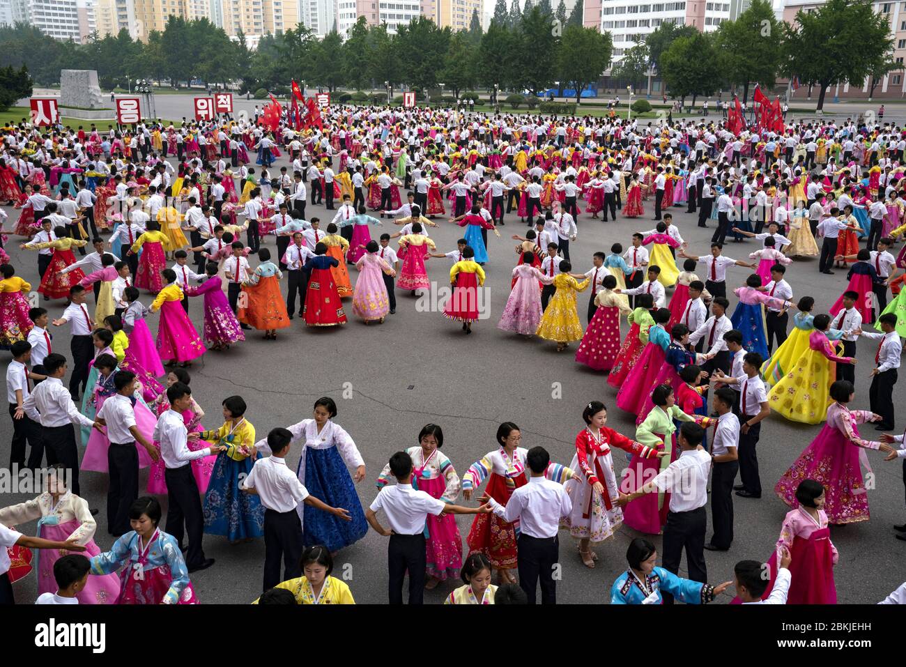 North Korea, Pyongyang, students dancing for the national day ...