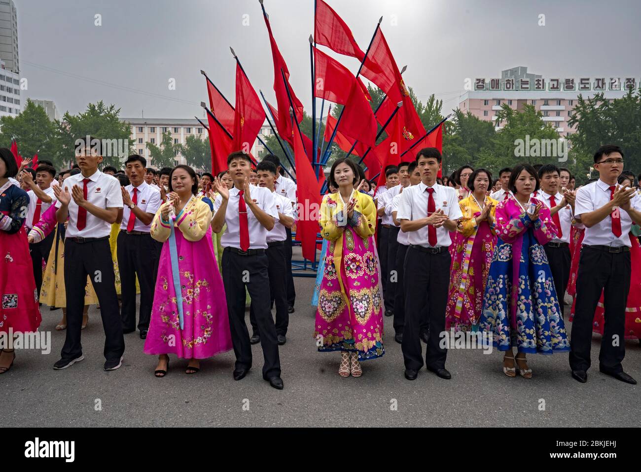 North Korea, Pyongyang, students dancing for the national day ...