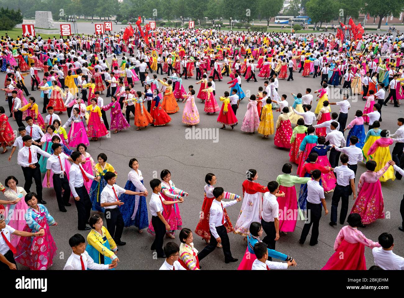North Korea, Pyongyang, students dancing for the national day ...