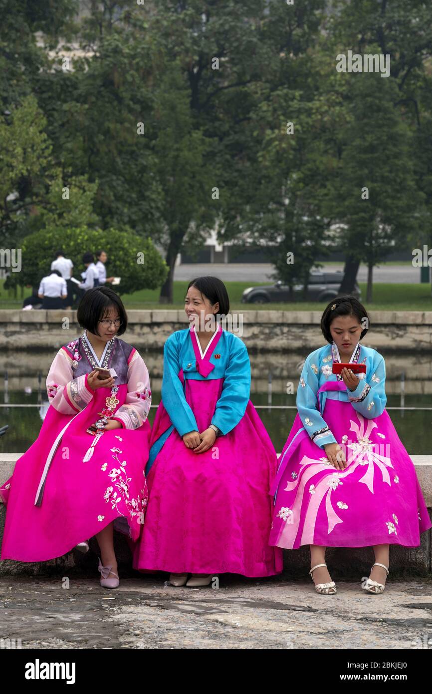 North Korea, Pyongyang, students dancing for the national day ...
