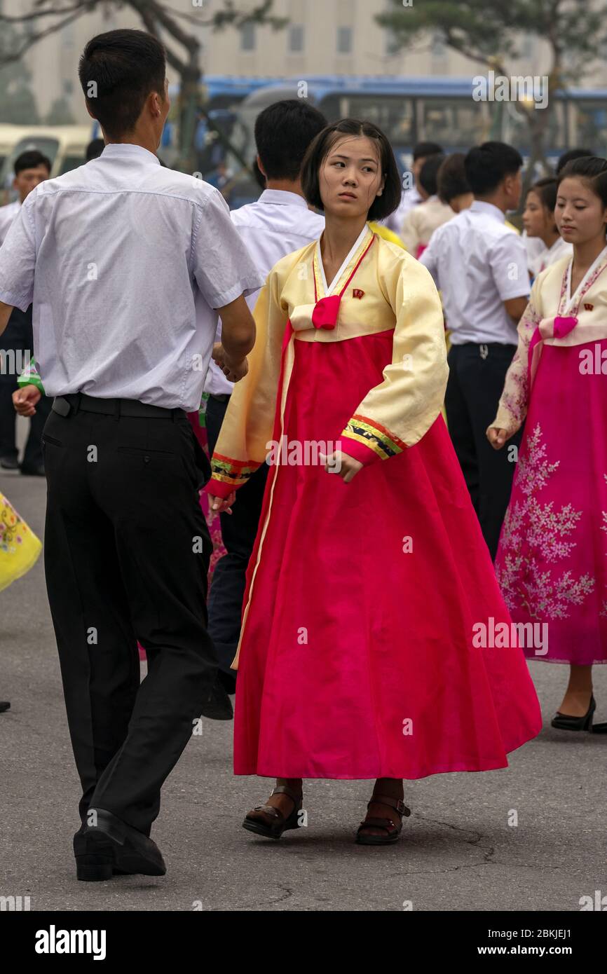 North Korea, Pyongyang, students dancing for the national day ...