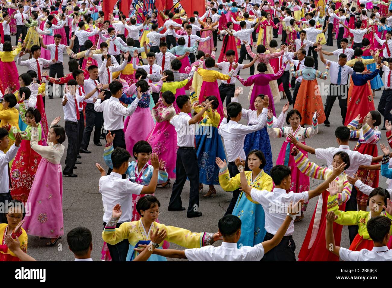 North Korea, Pyongyang, students dancing for the national day ...