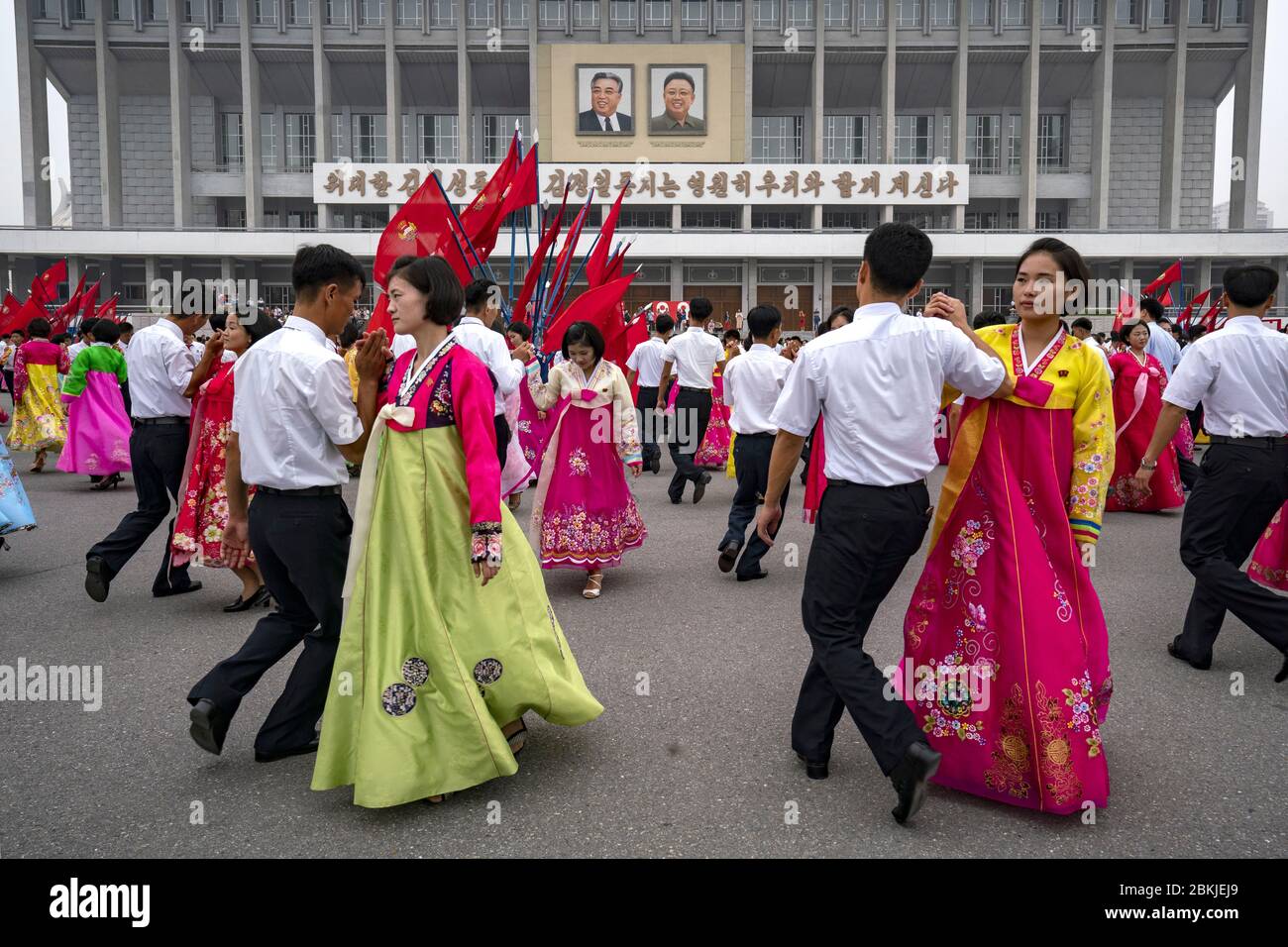 North Korea, Pyongyang, students dancing for the national day ...