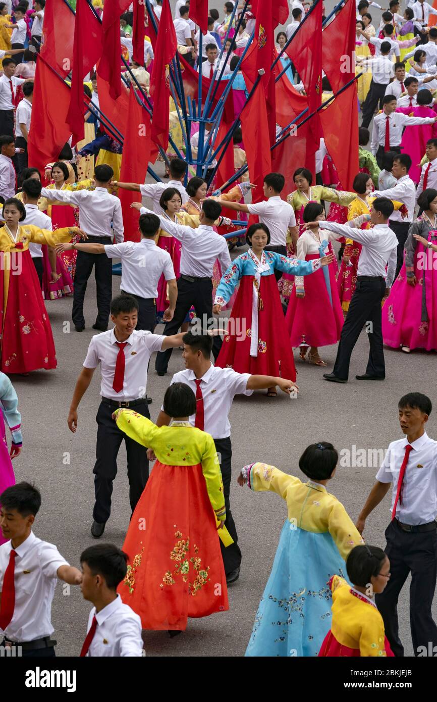 North Korea, Pyongyang, students dancing for the national day ...