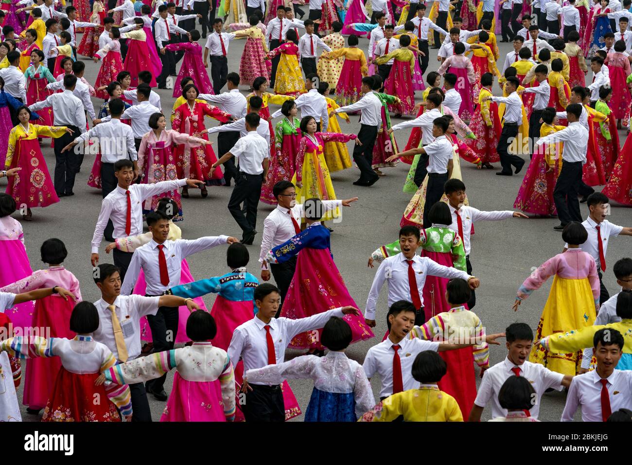 North Korea, Pyongyang, students dancing for the national day ...