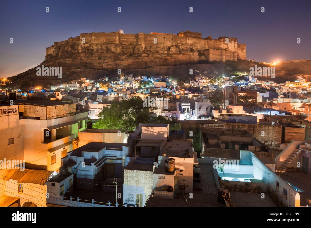 India, Rajasthan, Jodhpur, night view of the blue city dominated by ...