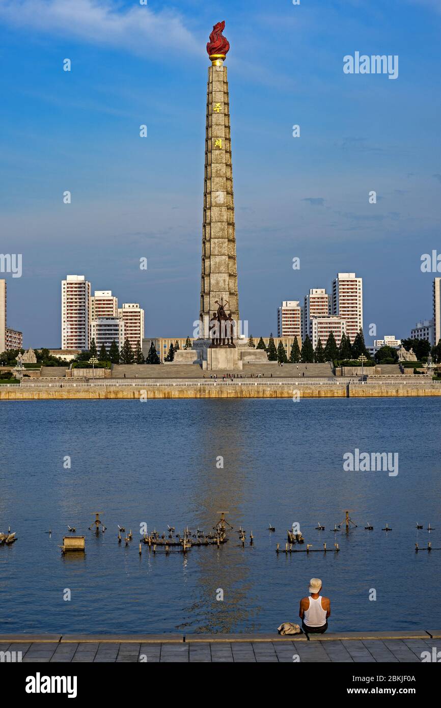 North Korea, Pyongyang, the Juche Tower and the Daidong river Stock ...