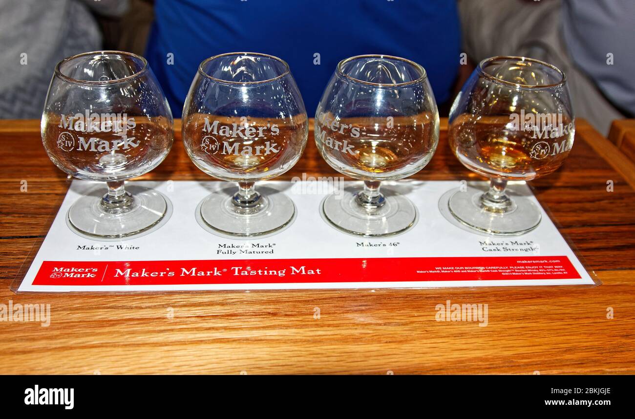 4 goblets, different stages of bourbon making process, tasting, plant ...