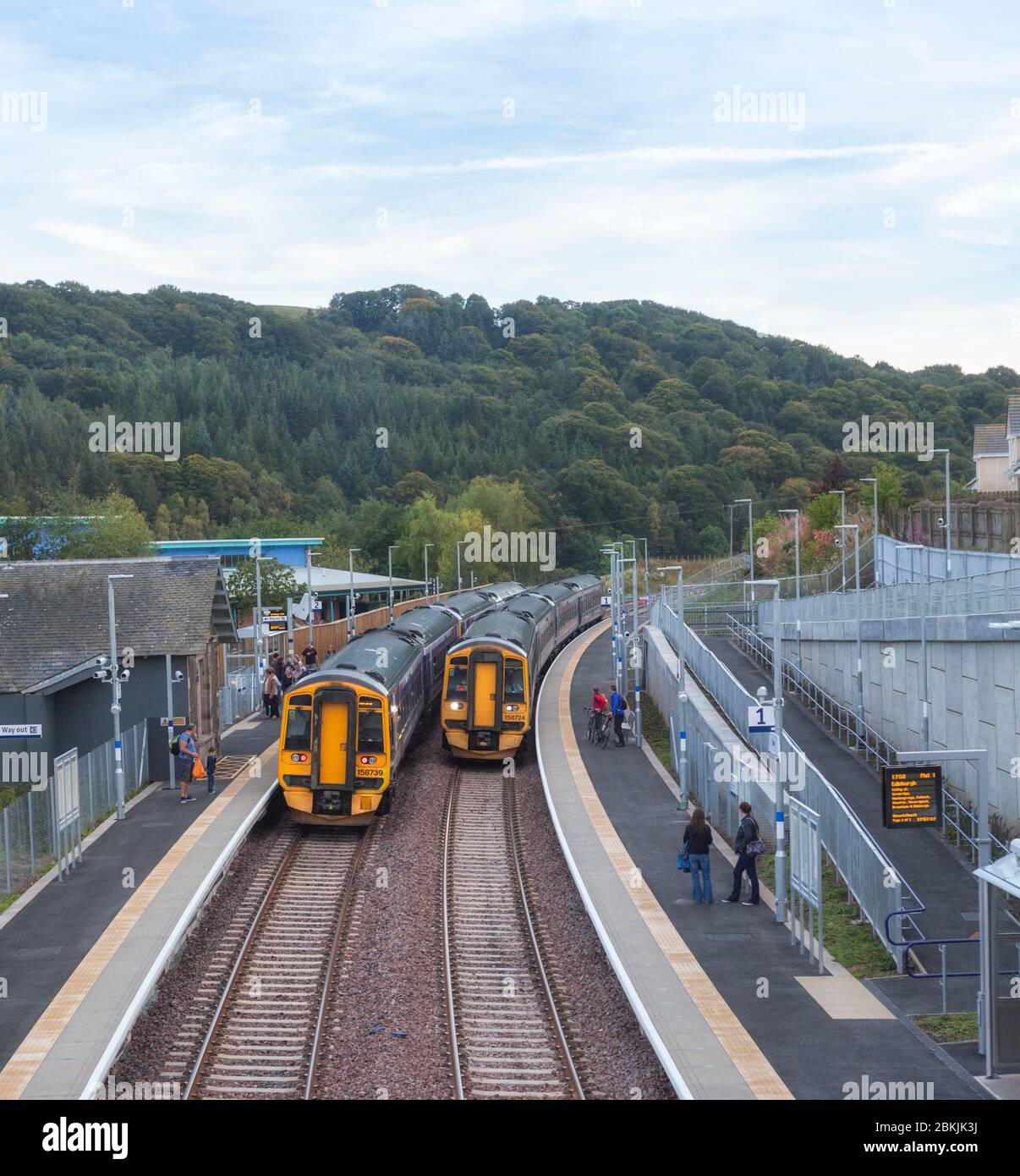 Scotrail class 158 diesel trains passing at Stow railway station on the ...
